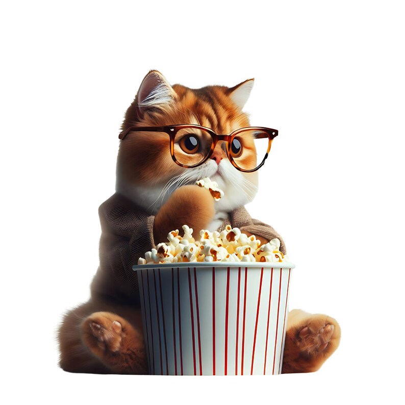 10 Cute Cat With Sunglasses & Popcorn Box Clipart Watercolor Digital ...