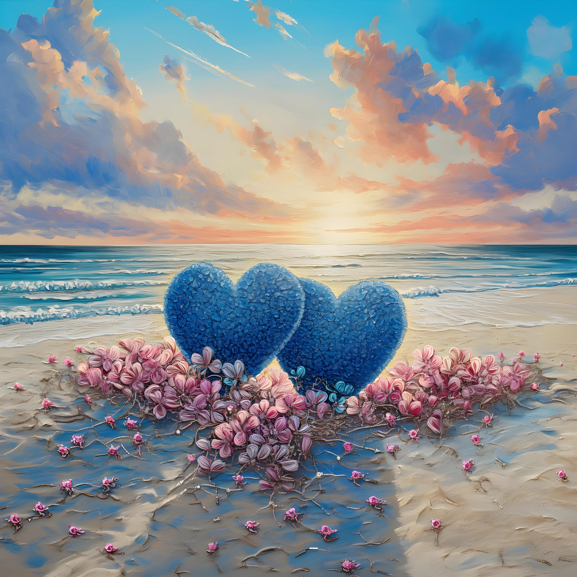 Set of 5 Cliparts of Blue Hearts With Flowers and Sand on the Beach ...