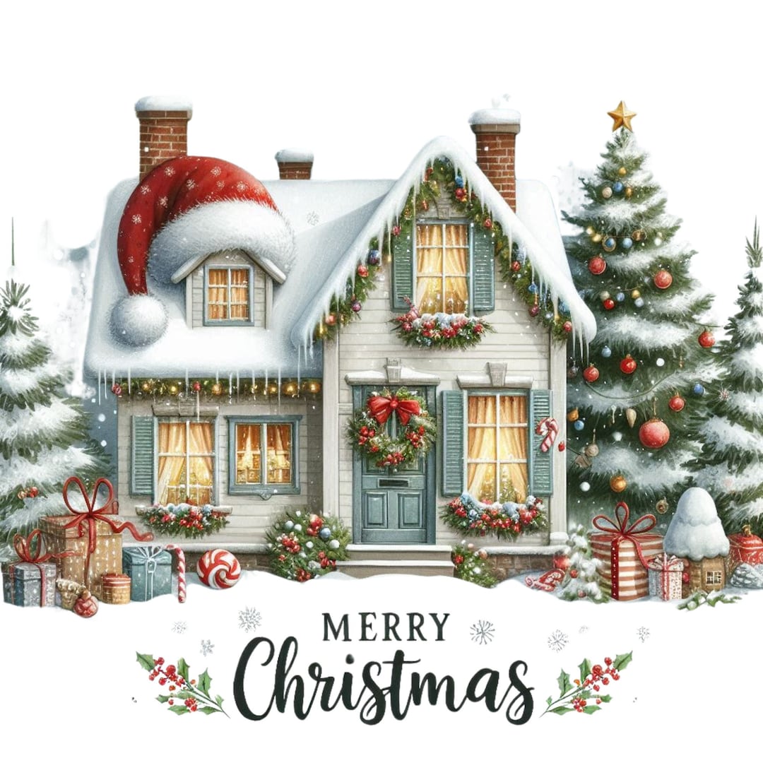 Watercolor Christmas House Clipart: Holiday PNG Bundle (digital ...