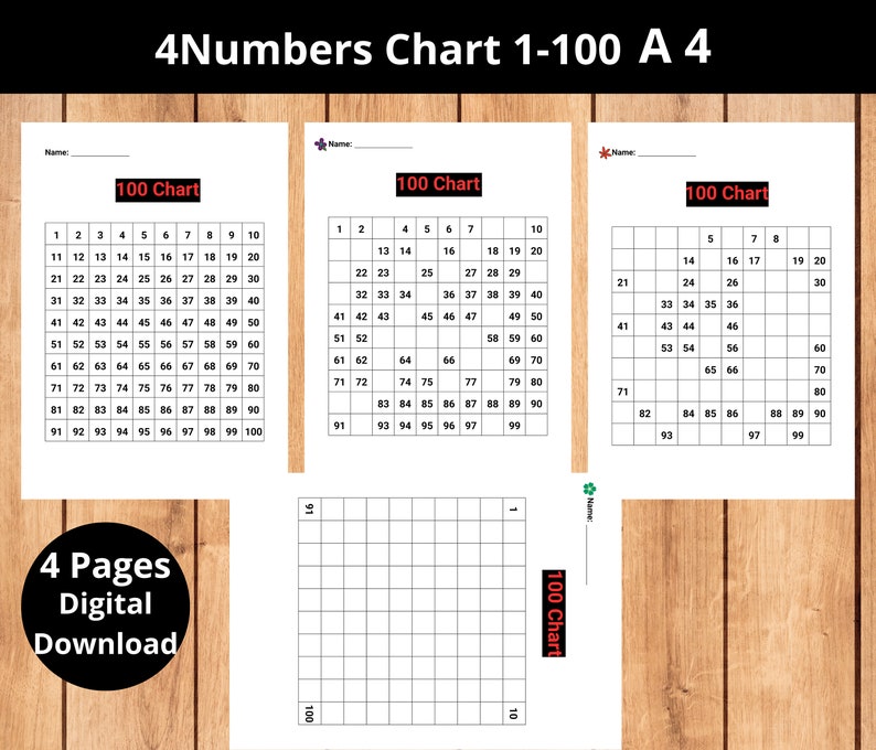 4number Charts From 1 to 100 for Kids, A4 Printable and in Black and ...