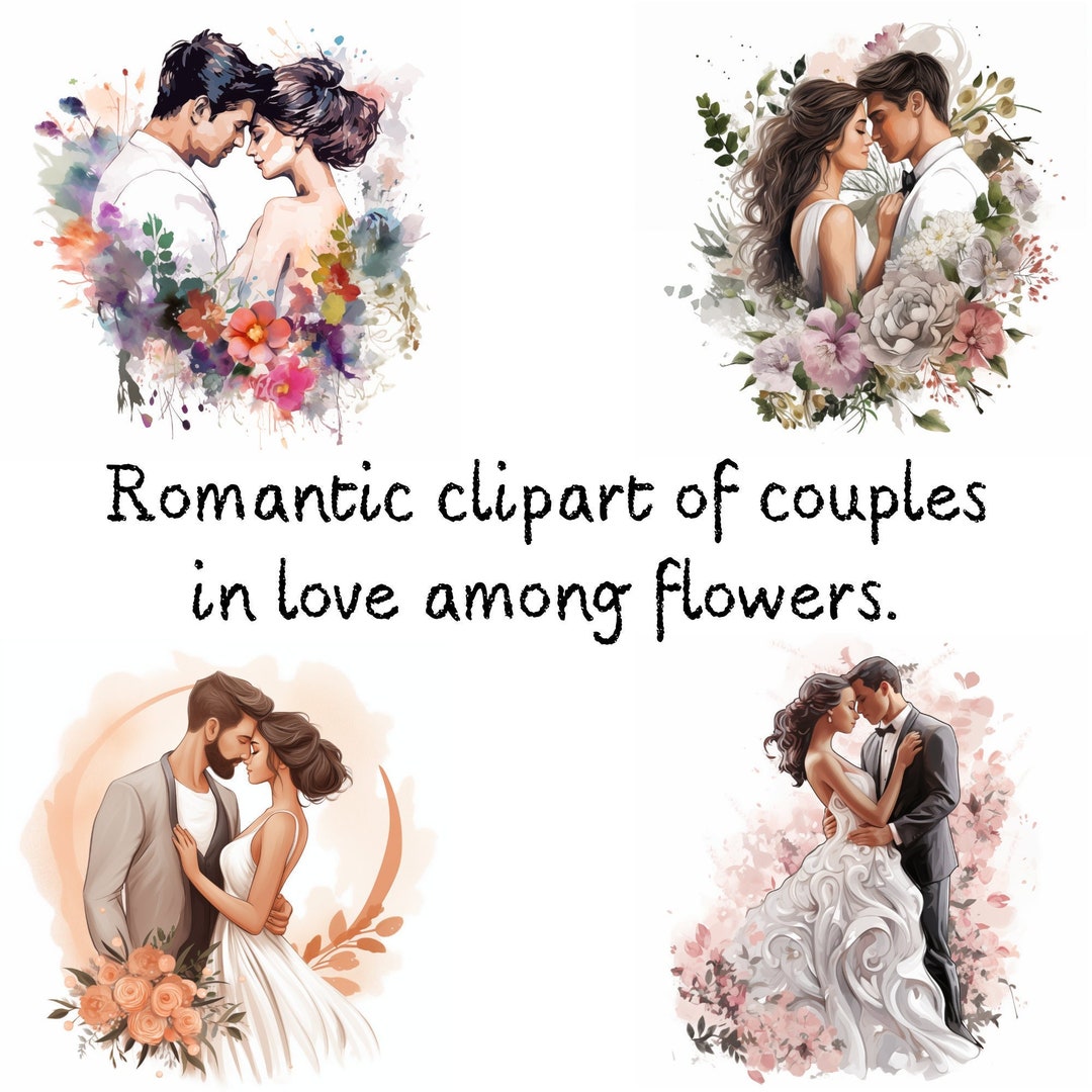 Romantic Clipart of Couples in Love Among Flowers, Share Love With ...