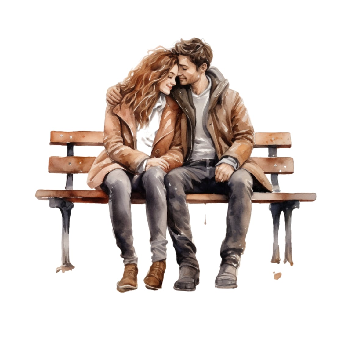 Winter Love PNG Romantic Couple on Bench Illustration, High-quality ...