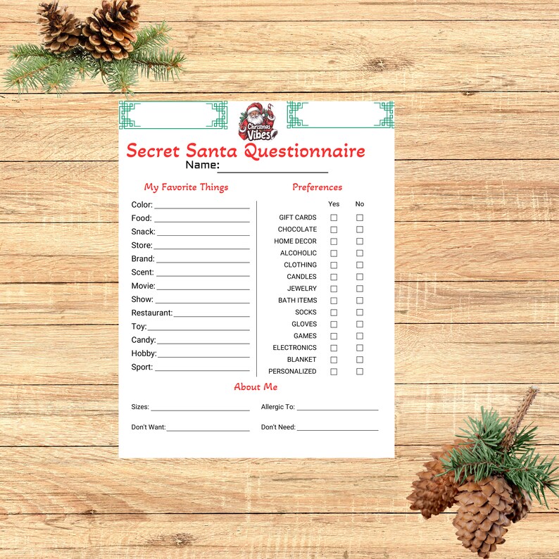 Printable Secret Santa Questionnaire: Gift Exchange Form (PDF) - Etsy