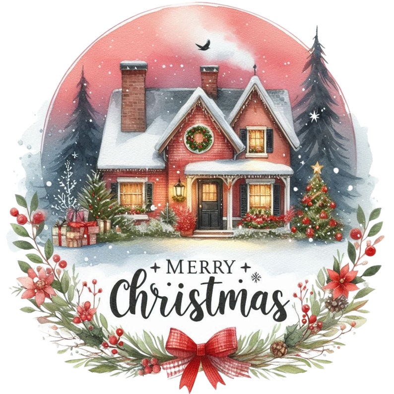 Watercolor Christmas House Clipart: Holiday PNG Bundle (digital ...