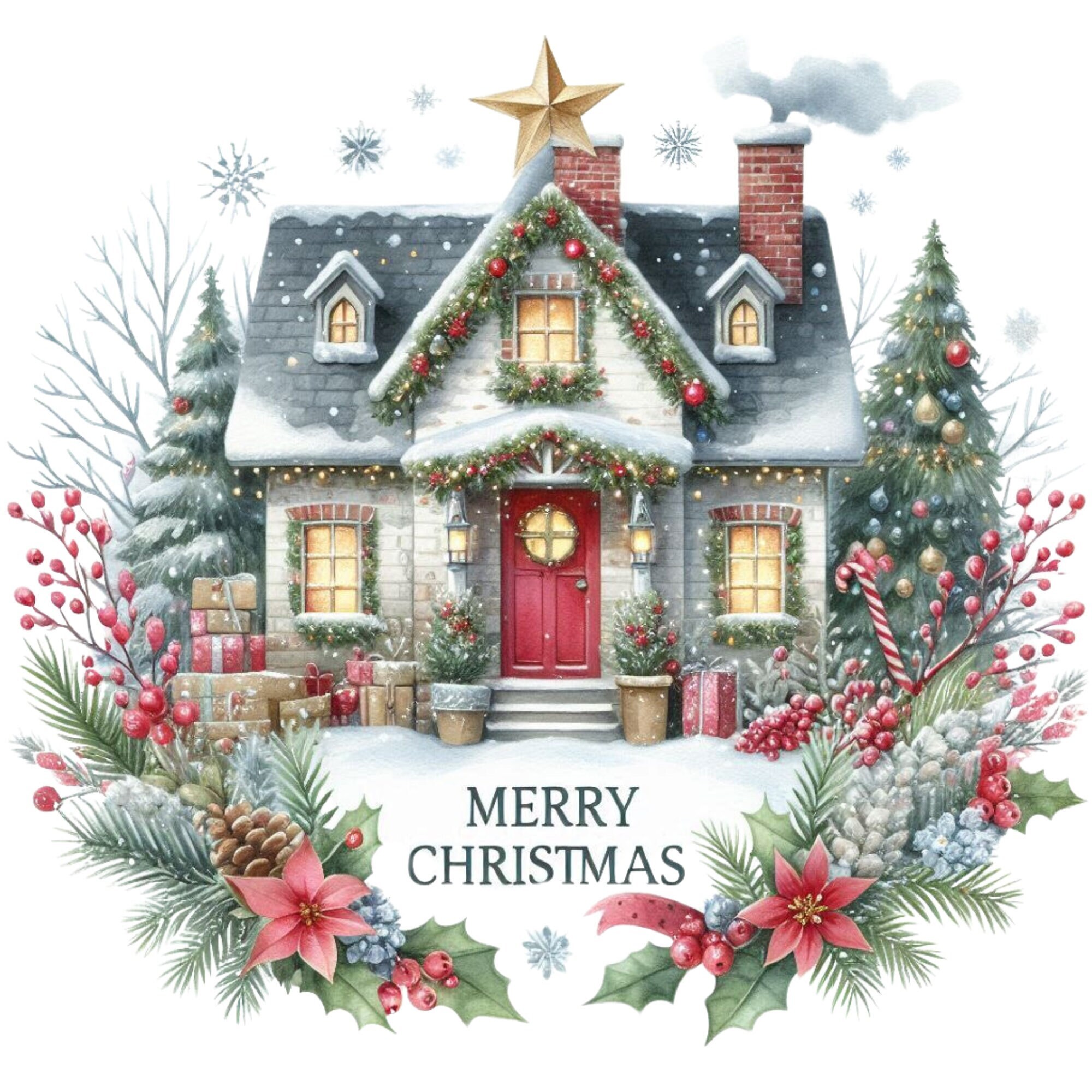 Watercolor Christmas House Clipart: Holiday PNG Bundle (digital ...