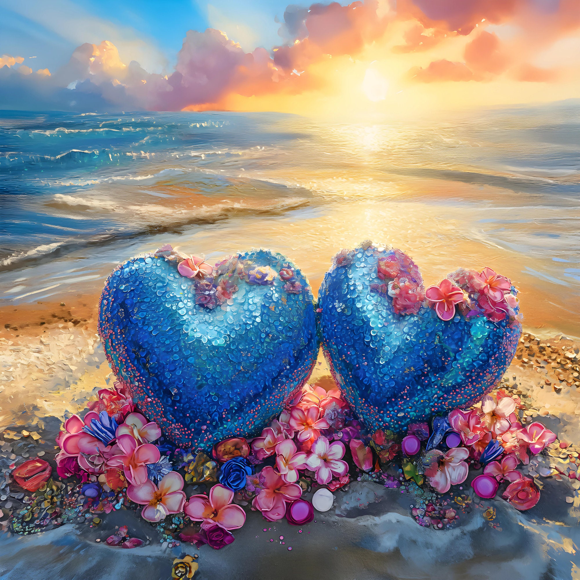 Set of 5 Cliparts of Blue Hearts With Flowers and Sand on the Beach ...