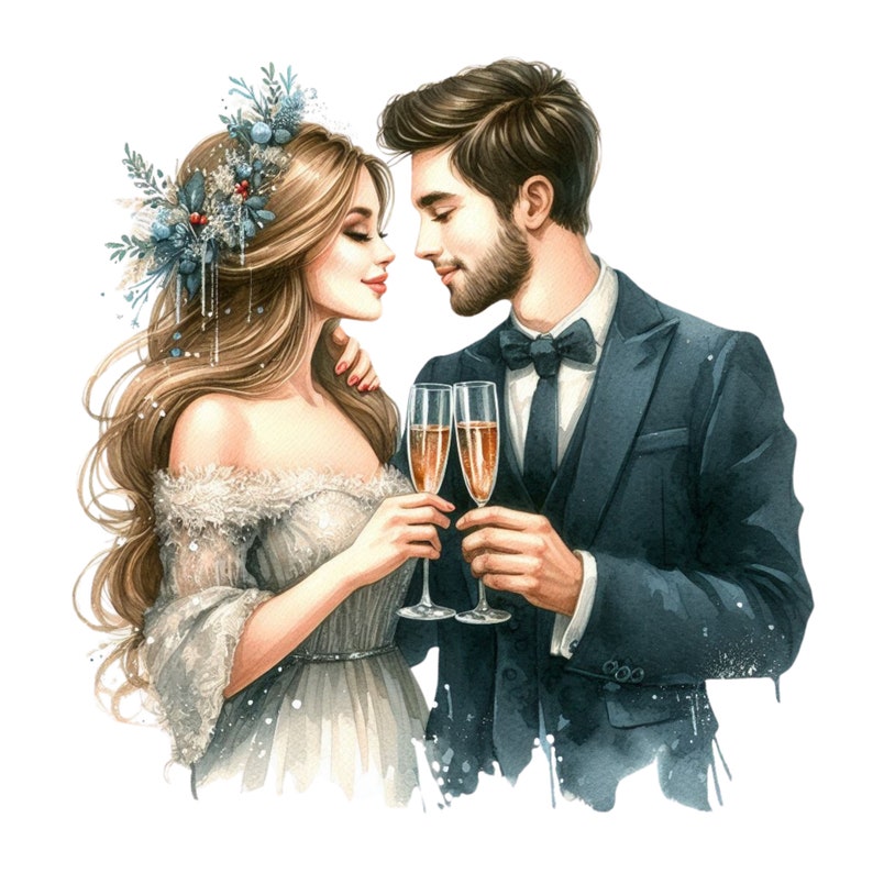 7 Watercolor Romantic Christmas Clipart Bundle, Couple in Love PNG, New ...