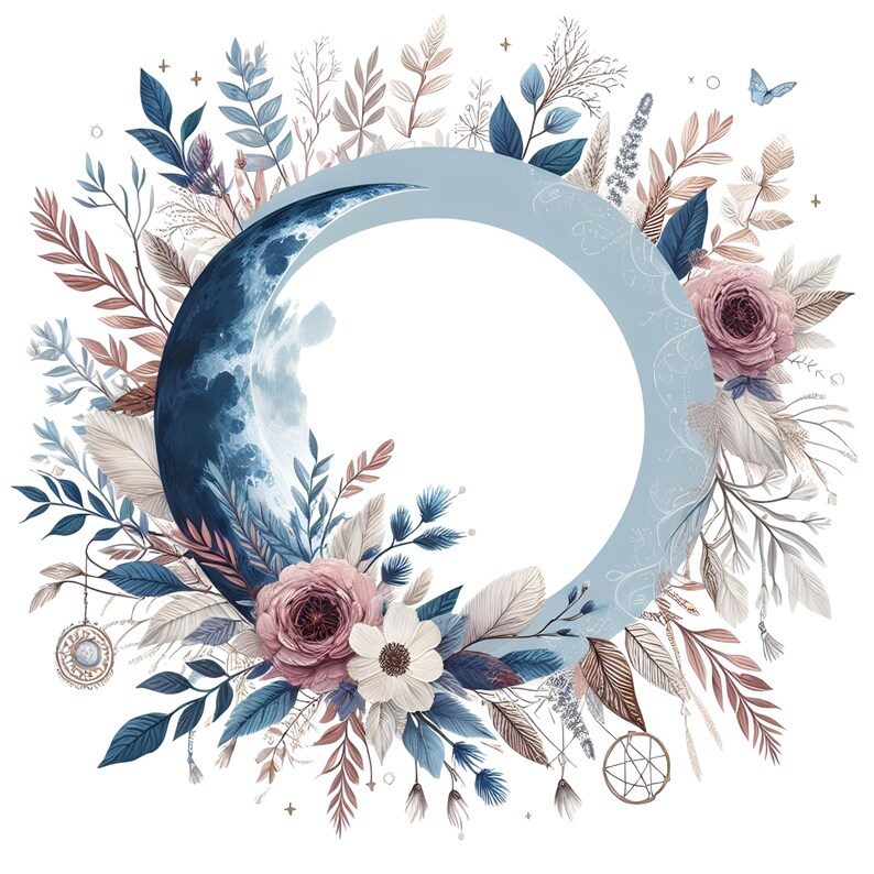 7 Boho Floral Frame Clipart - Blue Moon Round Design Ideal for Weddings ...