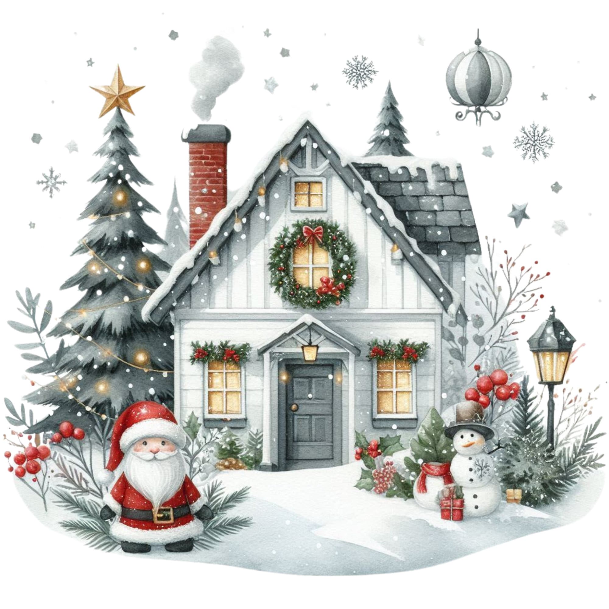 Watercolor Christmas House Clipart: Holiday PNG Bundle (digital ...