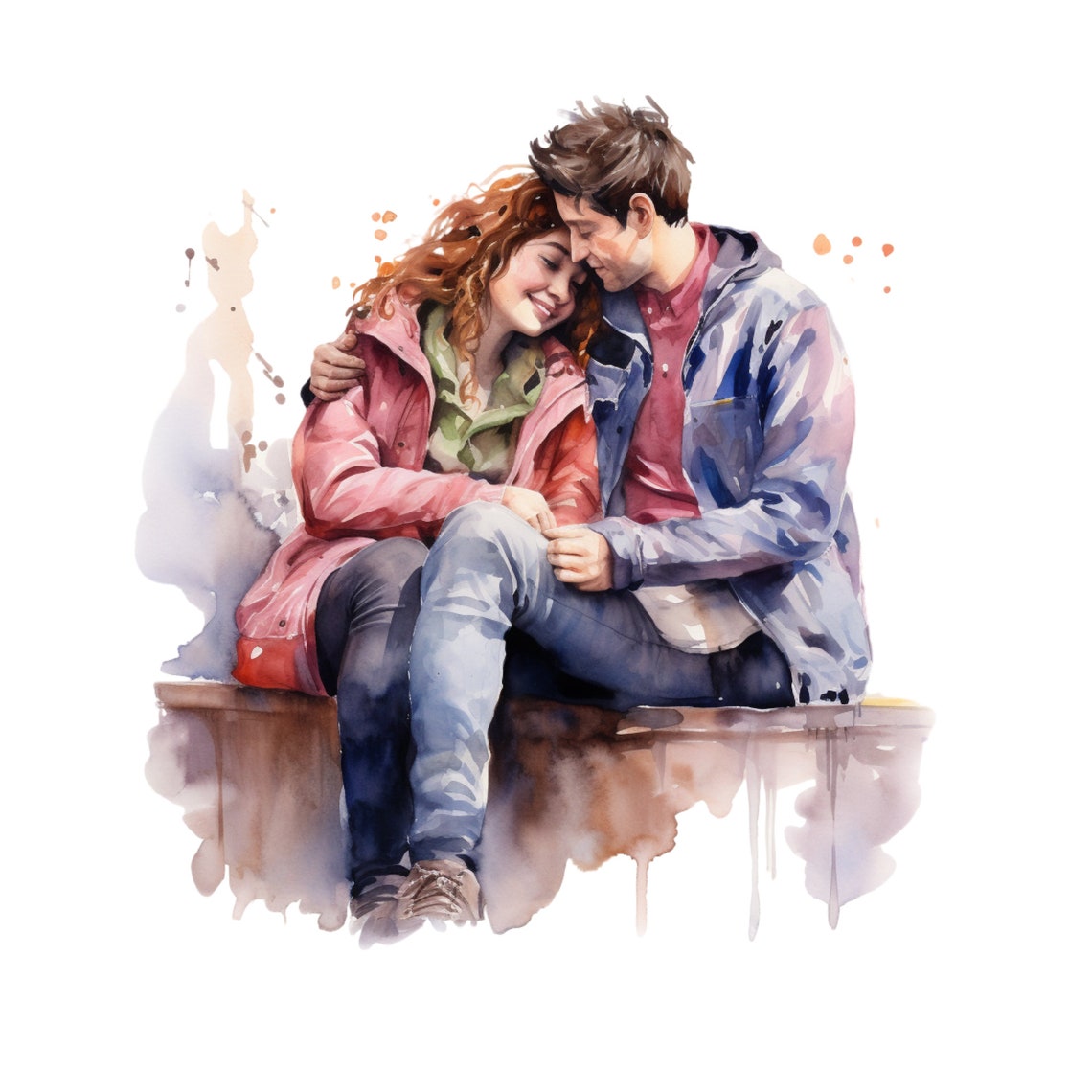Winter Love PNG Romantic Couple on Bench Illustration, High-quality ...