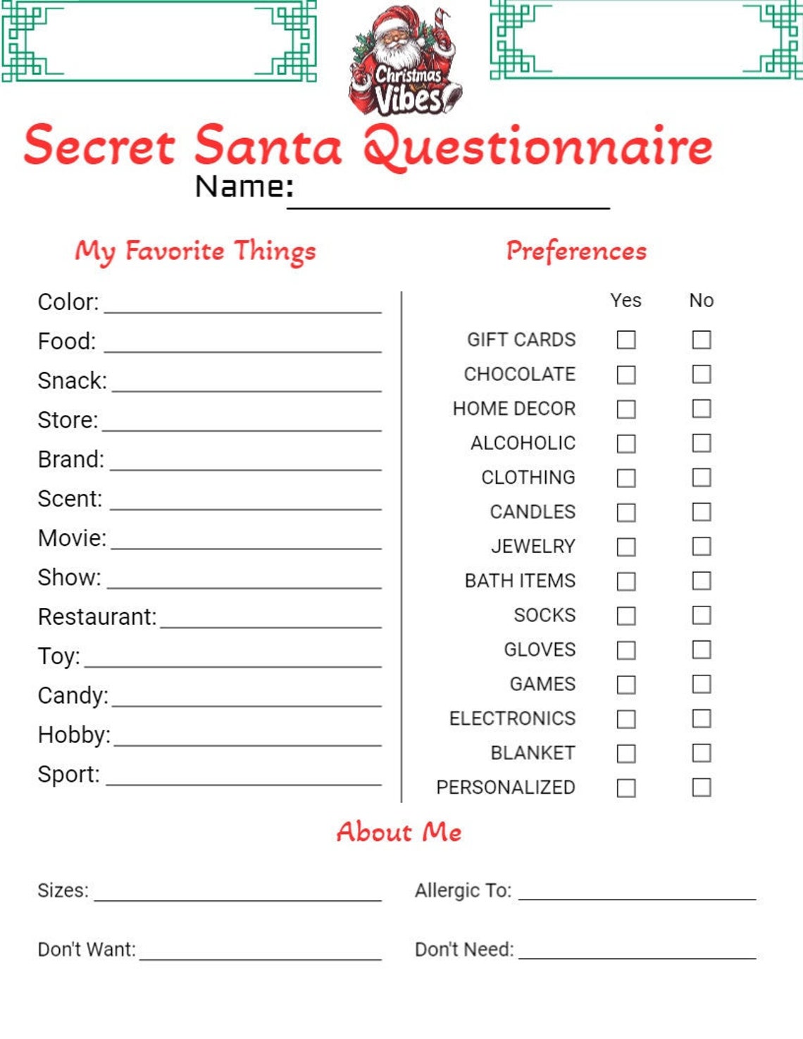 Secret Santa Survey & Questionnaire | Printable Secret Gift Exchange ...