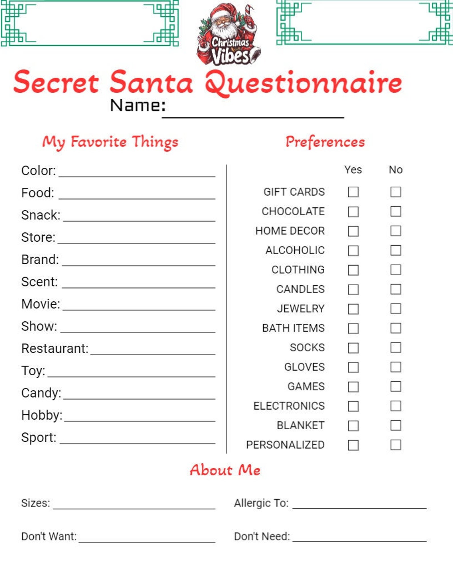 Secret Santa Survey & Questionnaire | Printable Secret Gift Exchange ...