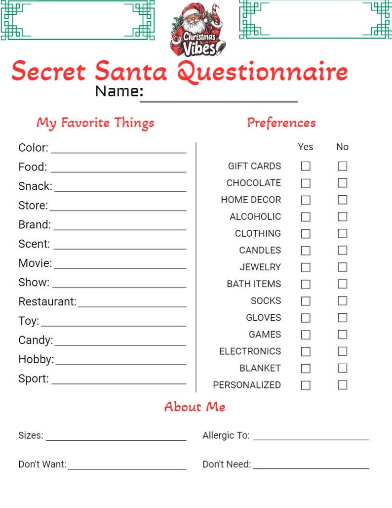 Printable Secret Santa Questionnaire: Gift Exchange Form (PDF) - Etsy