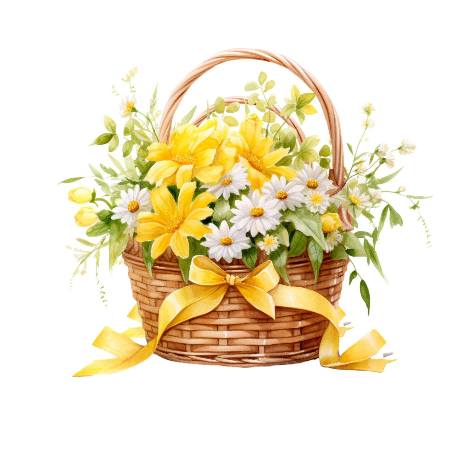 Botanical Basket Clipart With Watercolor Sunflowers - Transparent, High ...
