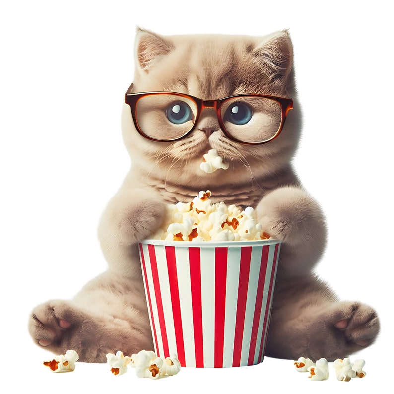10 Cute Cat With Sunglasses & Popcorn Box Clipart Watercolor Digital ...