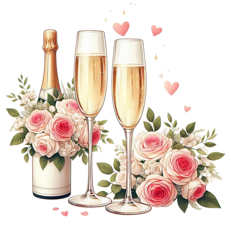 10 Watercolor Floral Champagne and Glasses Clipart - High Quality PNG ...