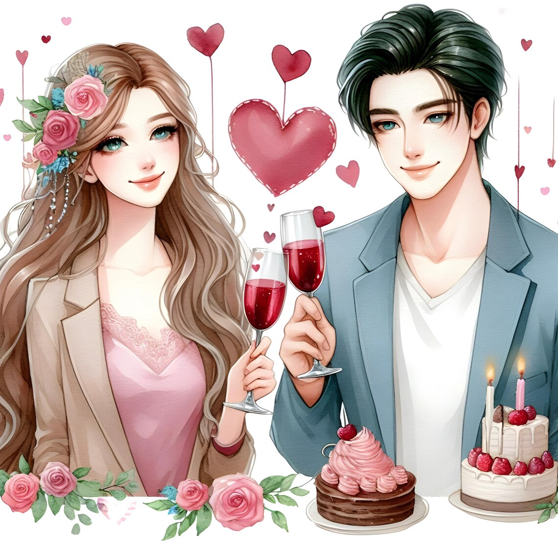 VALENTINES Day WATERCOLOR 10 CLIPART Bundle, Red Roses Bouquet, Heart ...