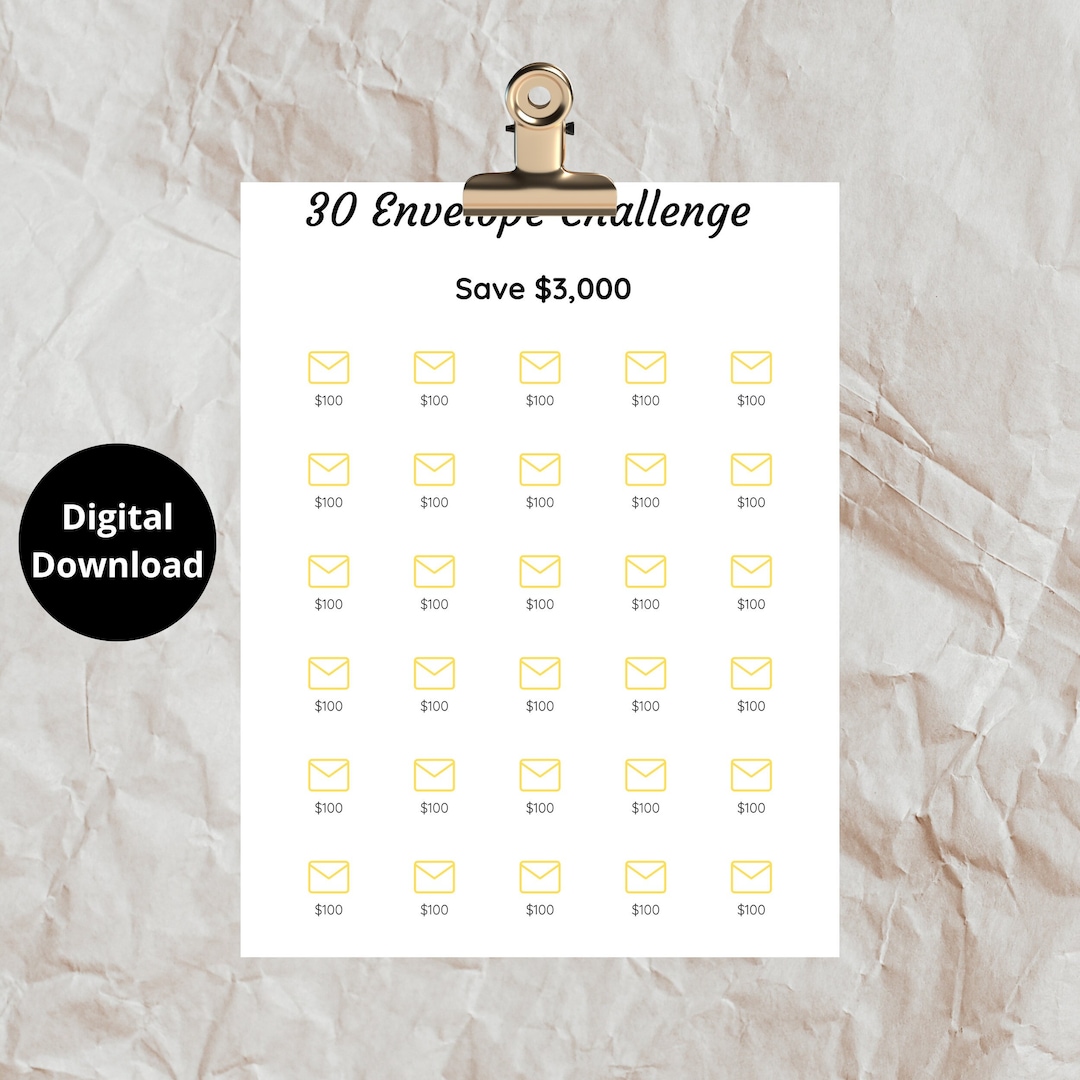 30 Envelope Challenge Printable, Money Savings Challenge, Digital ...