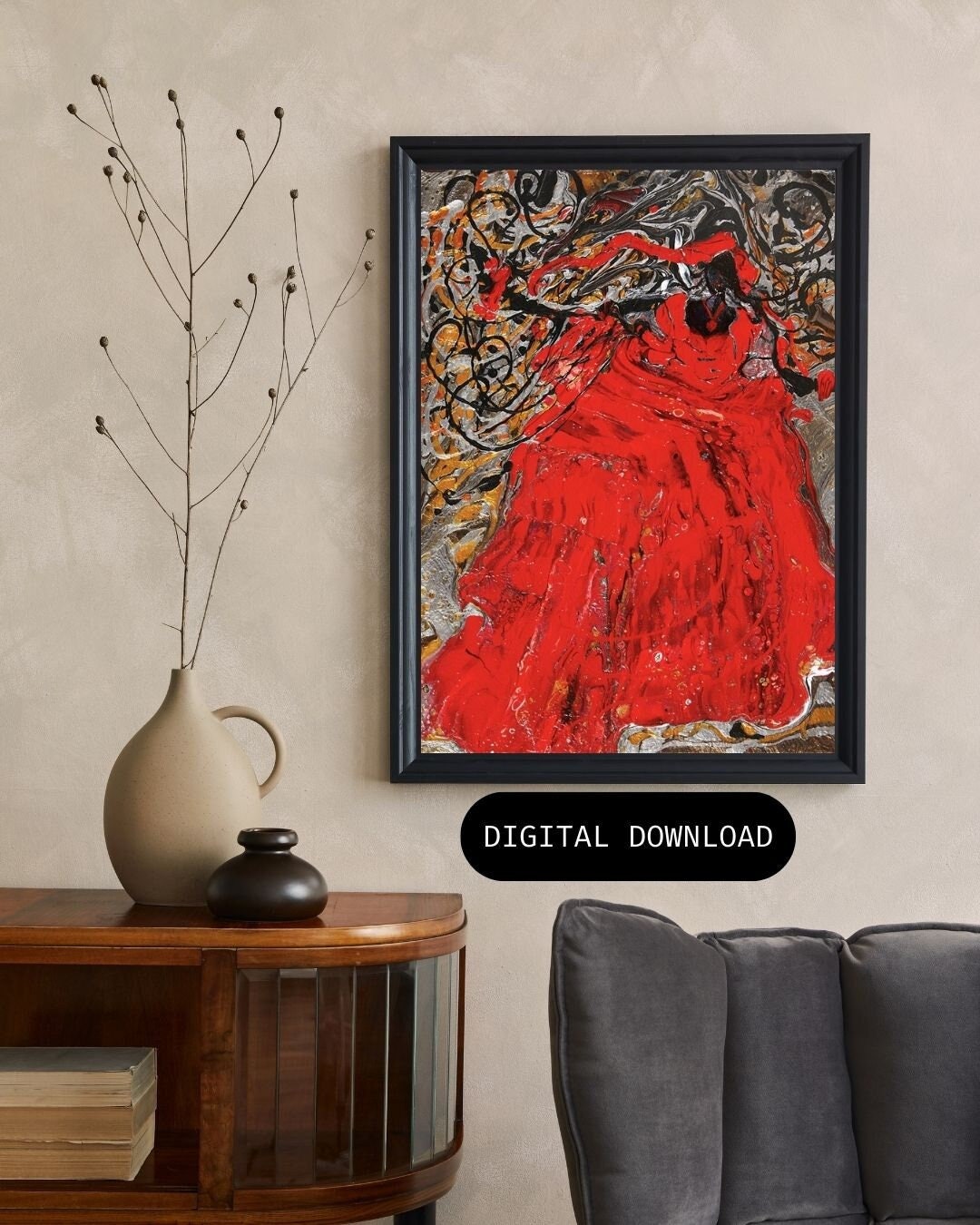 Contemporary Modern Abstract Art Lady in Red Dress Digital Download ...