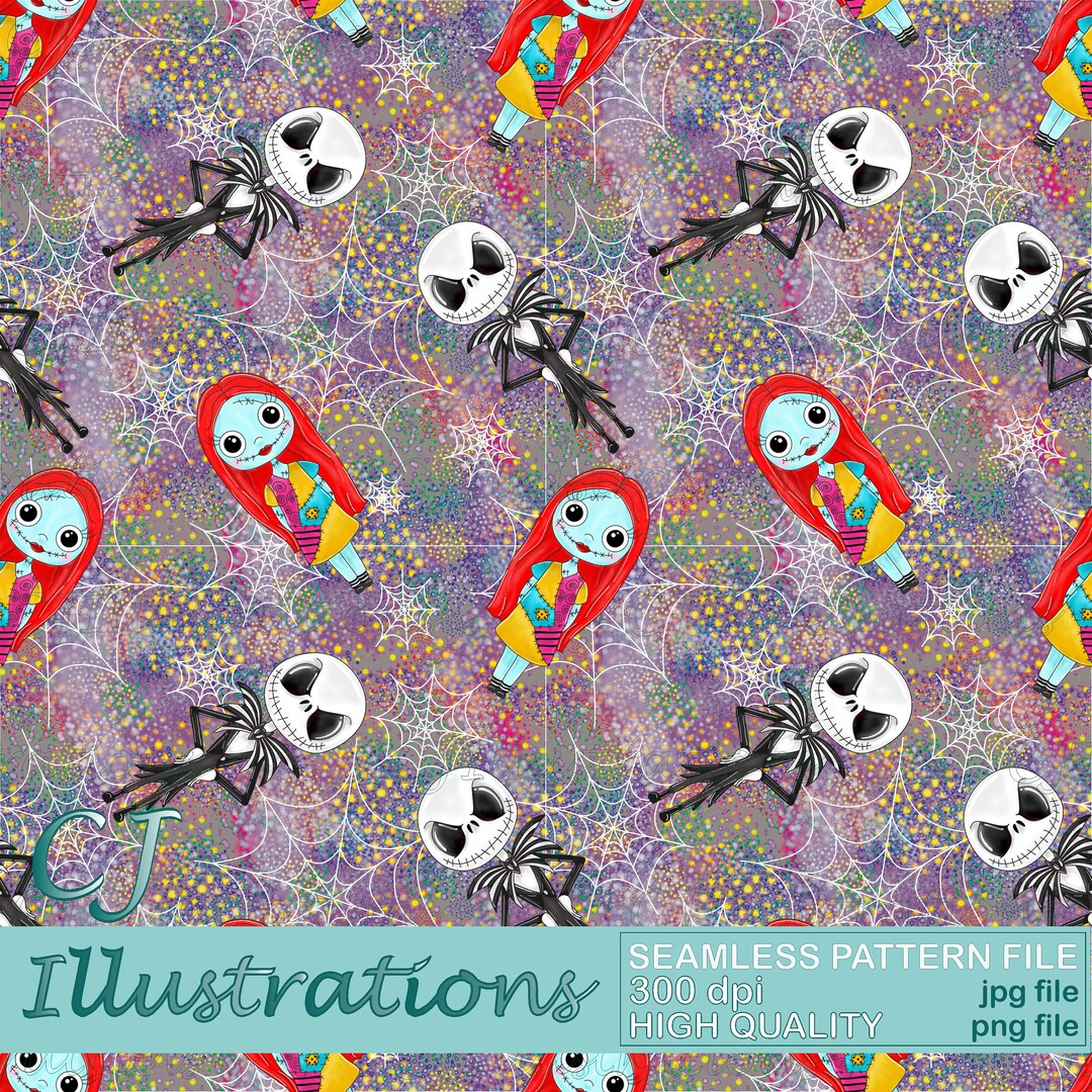 Cute Christmas Jack and Sally Clipart Seamless Pattern Design Digital ...