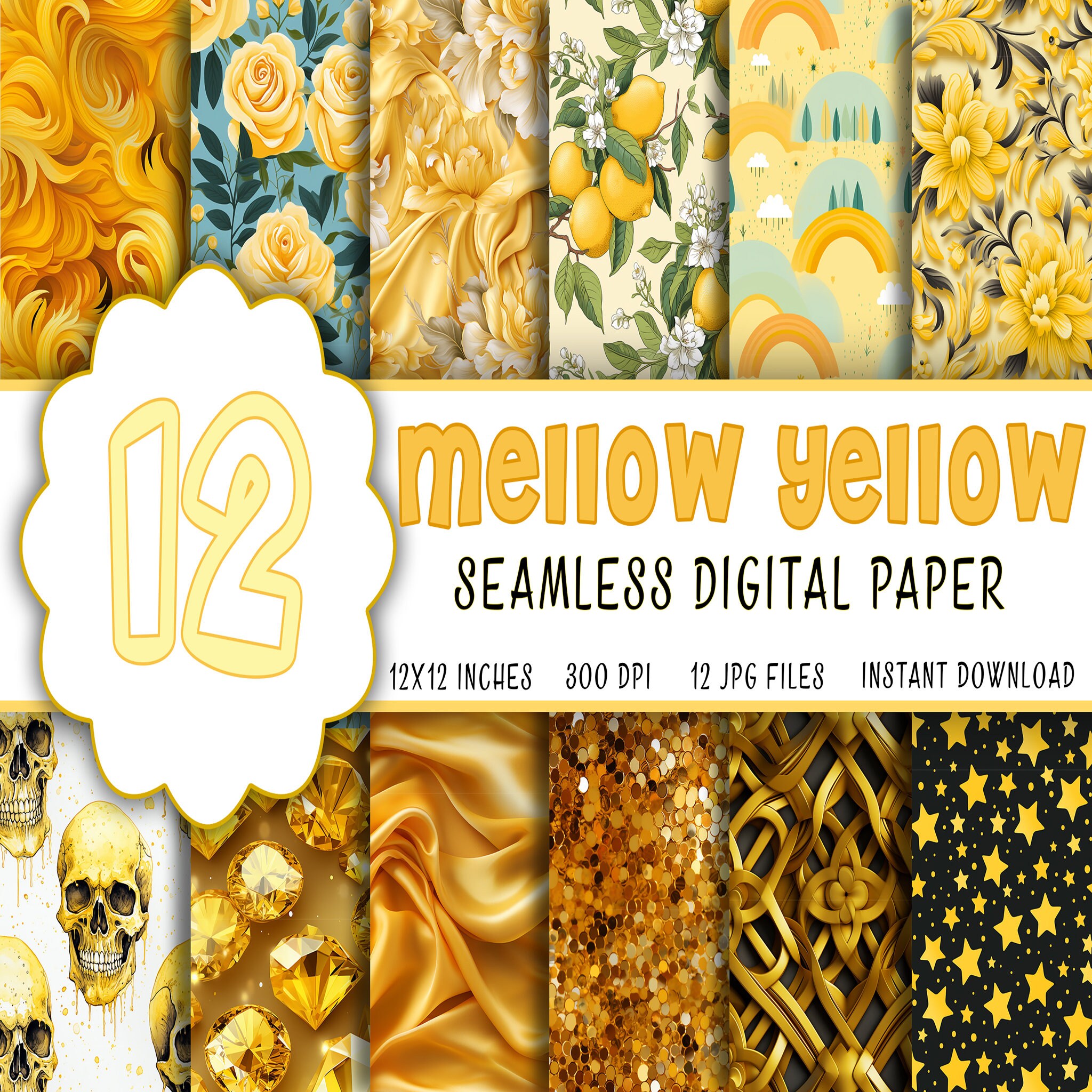 12 Yellow Digital Paper, Seamless Yellow Scrapbook Paper With Yellow ...