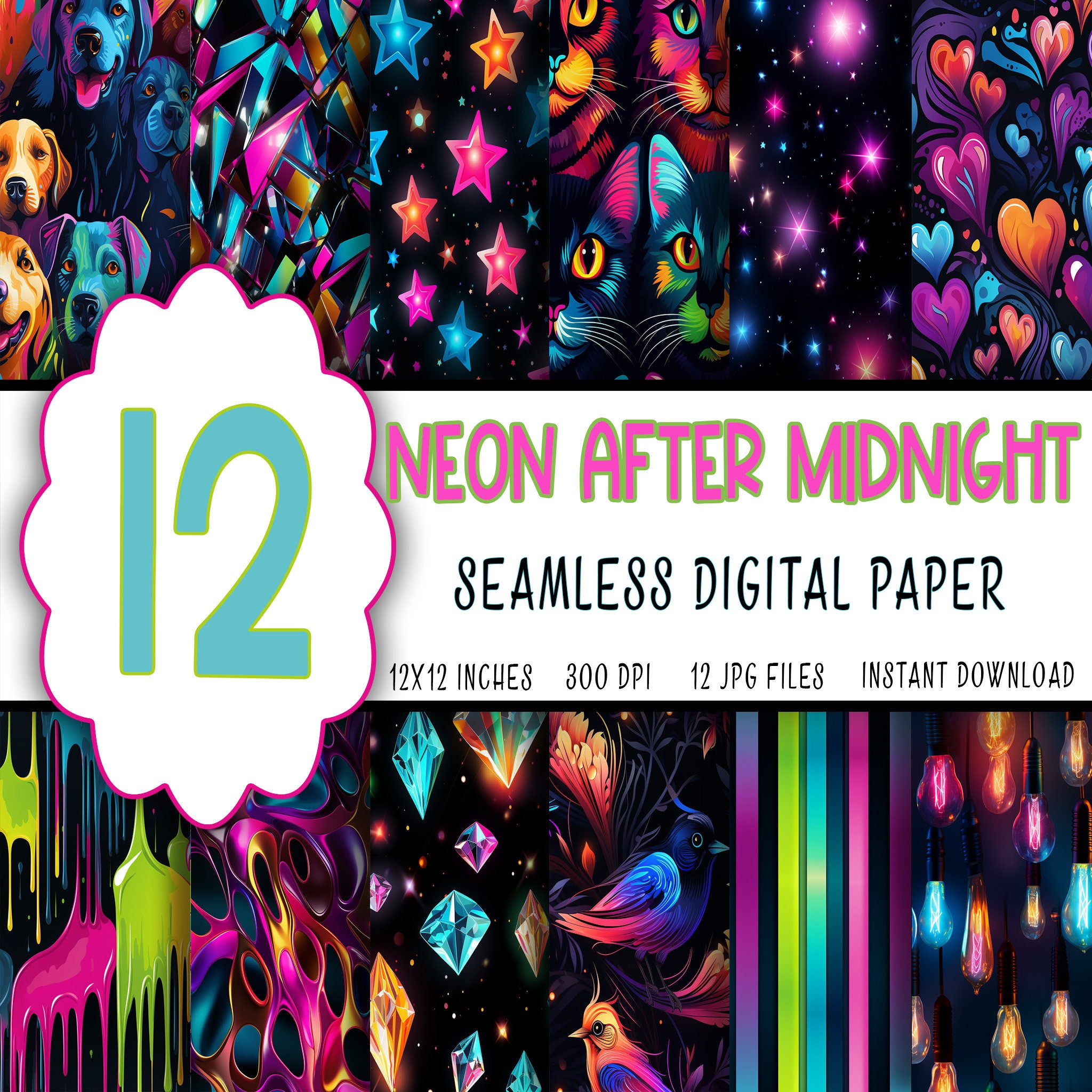 12 Seamless Glowing Neon Digital, Dark Neon Patterns, Printable ...