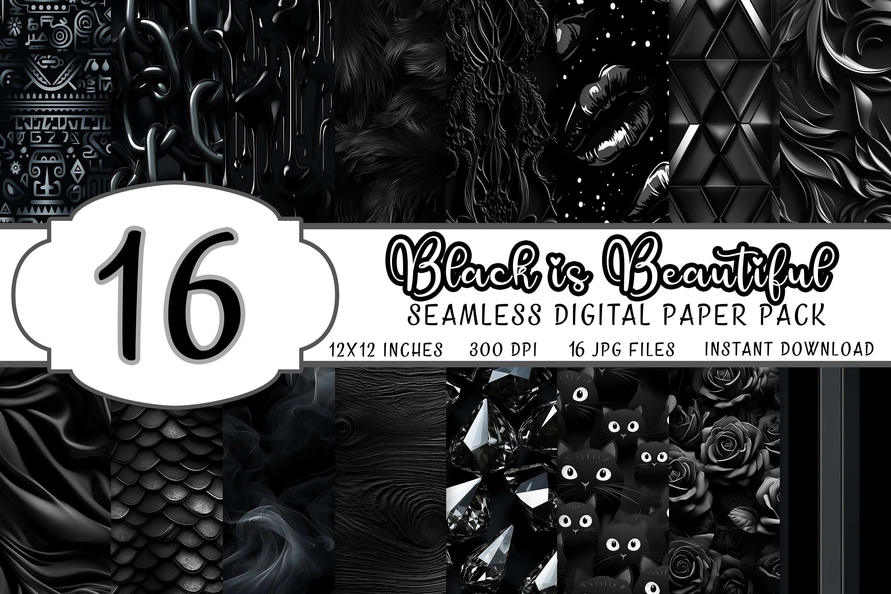 16 Black Digital Paper, Black Foil Paper, Black Glitter, Seamless Black ...