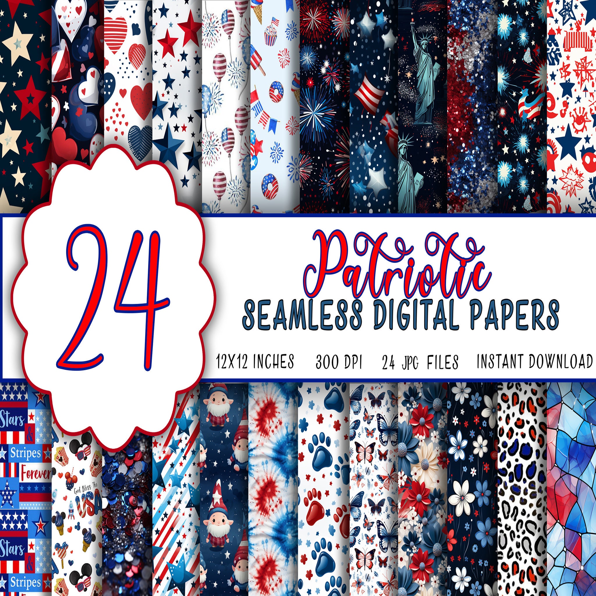 24 USA Digital Paper Set - Stars and Stripes - Red White and Blue ...
