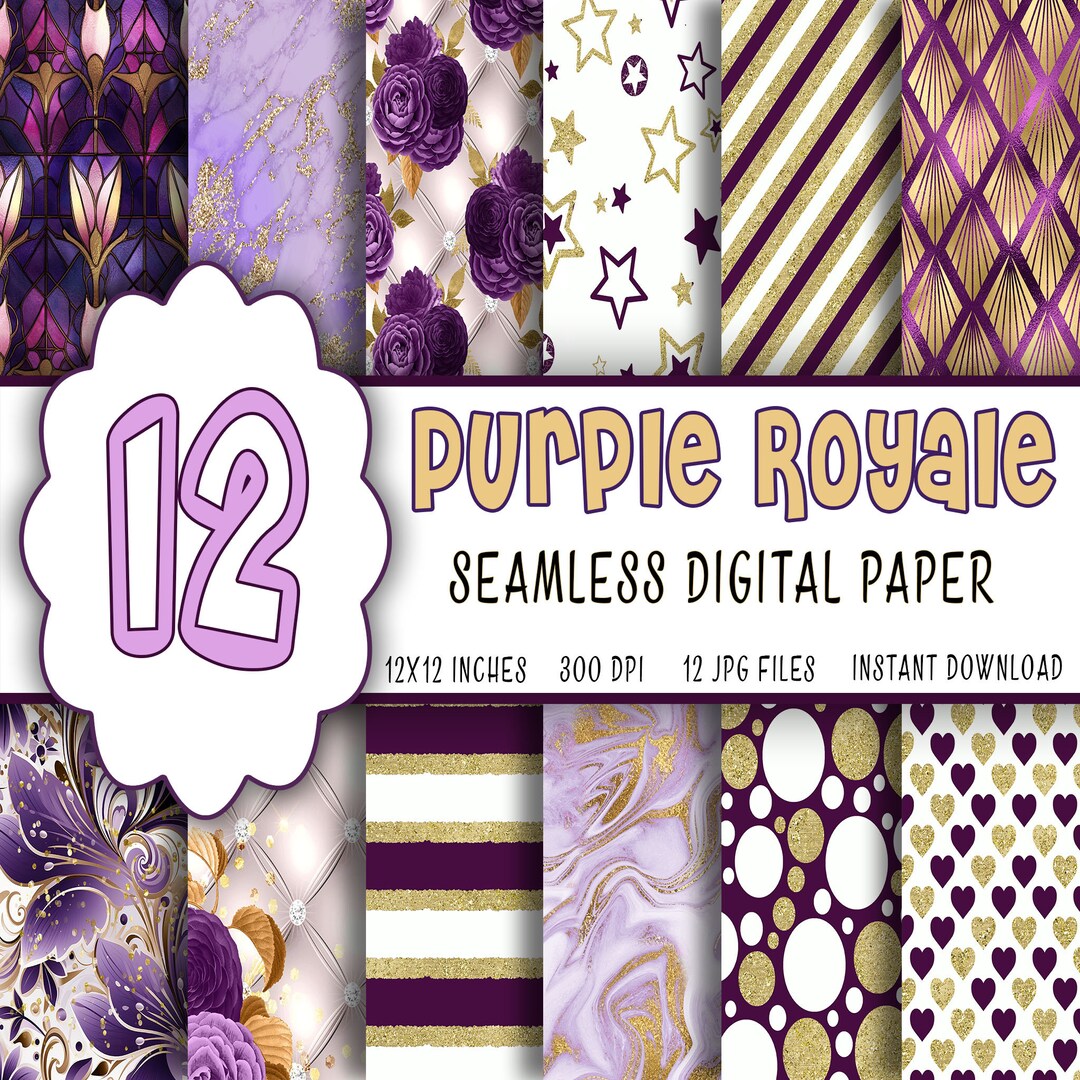12 Purple and Gold Seamless Paper Pack, Seamless Purple Gold, Royal ...