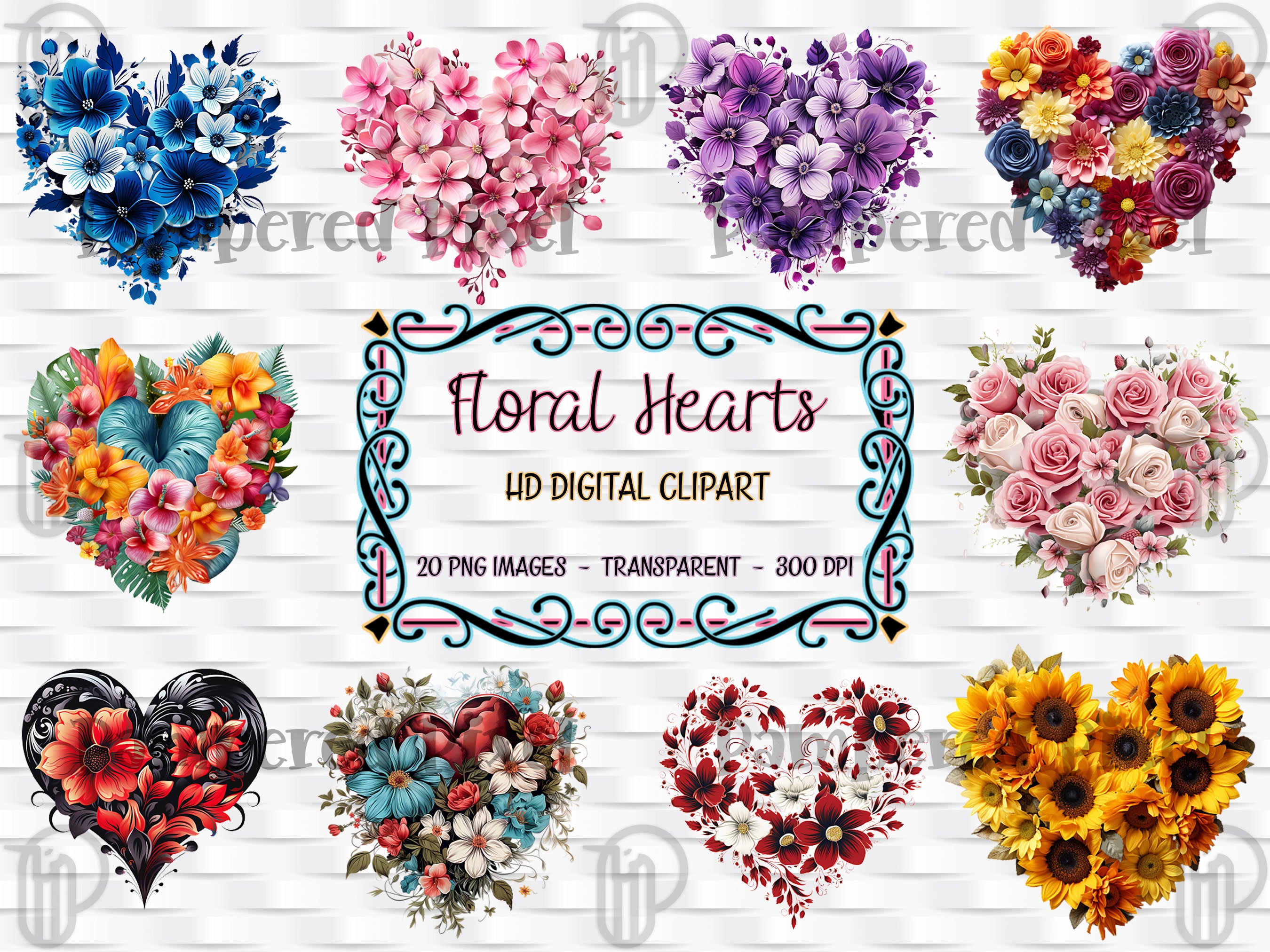 20 Floral Heart Clipart, Heart Clip Art, Flower Heart Clipart, PNG ...