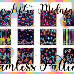 12 Seamless Glowing Neon Digital, Dark Neon Patterns, Printable ...