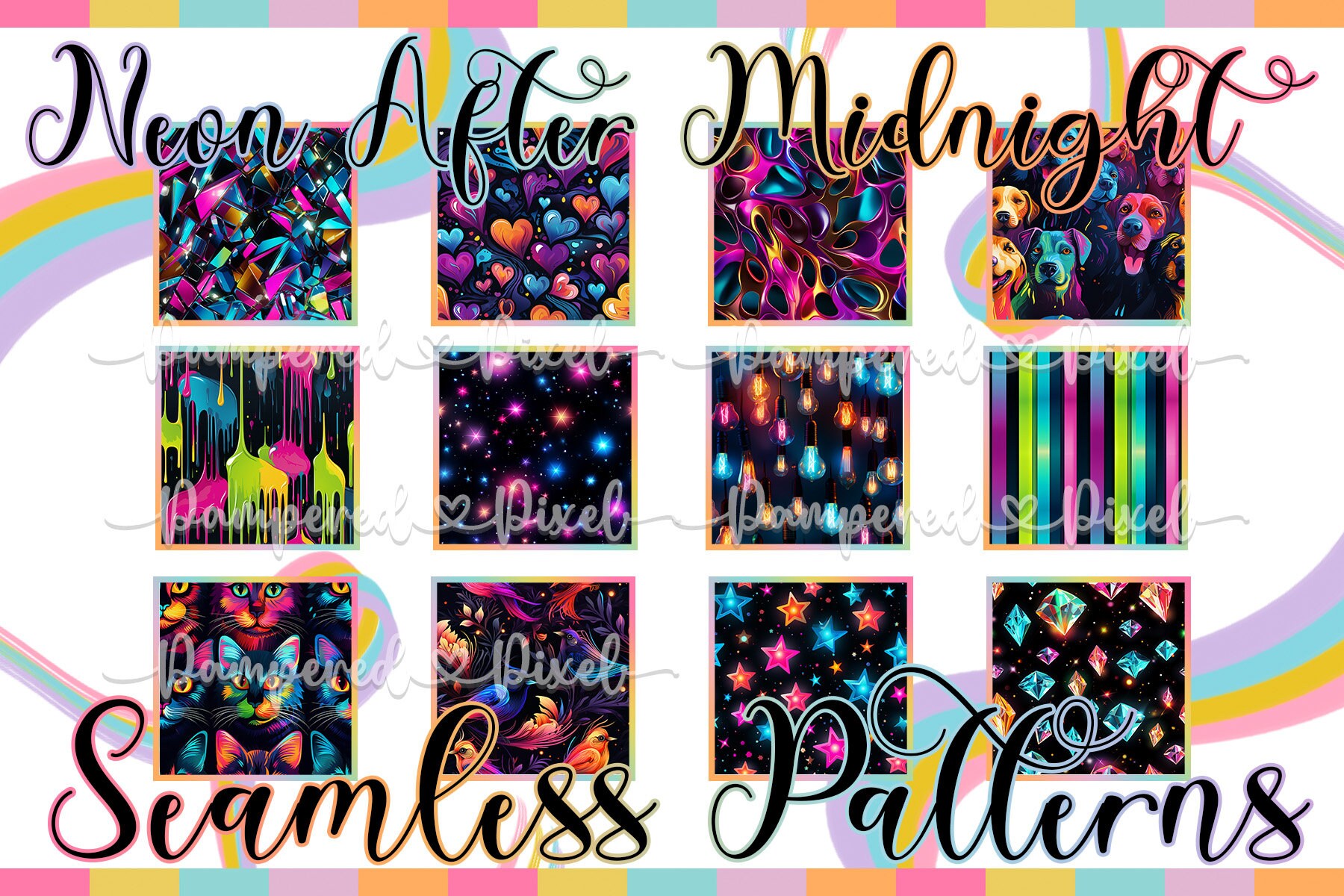12 Seamless Glowing Neon Digital, Dark Neon Patterns, Printable ...