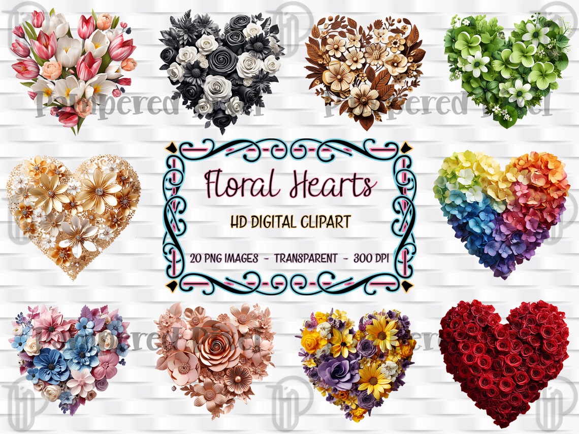 20 Floral Heart Clipart, Heart Clip Art, Flower Heart Clipart, PNG ...