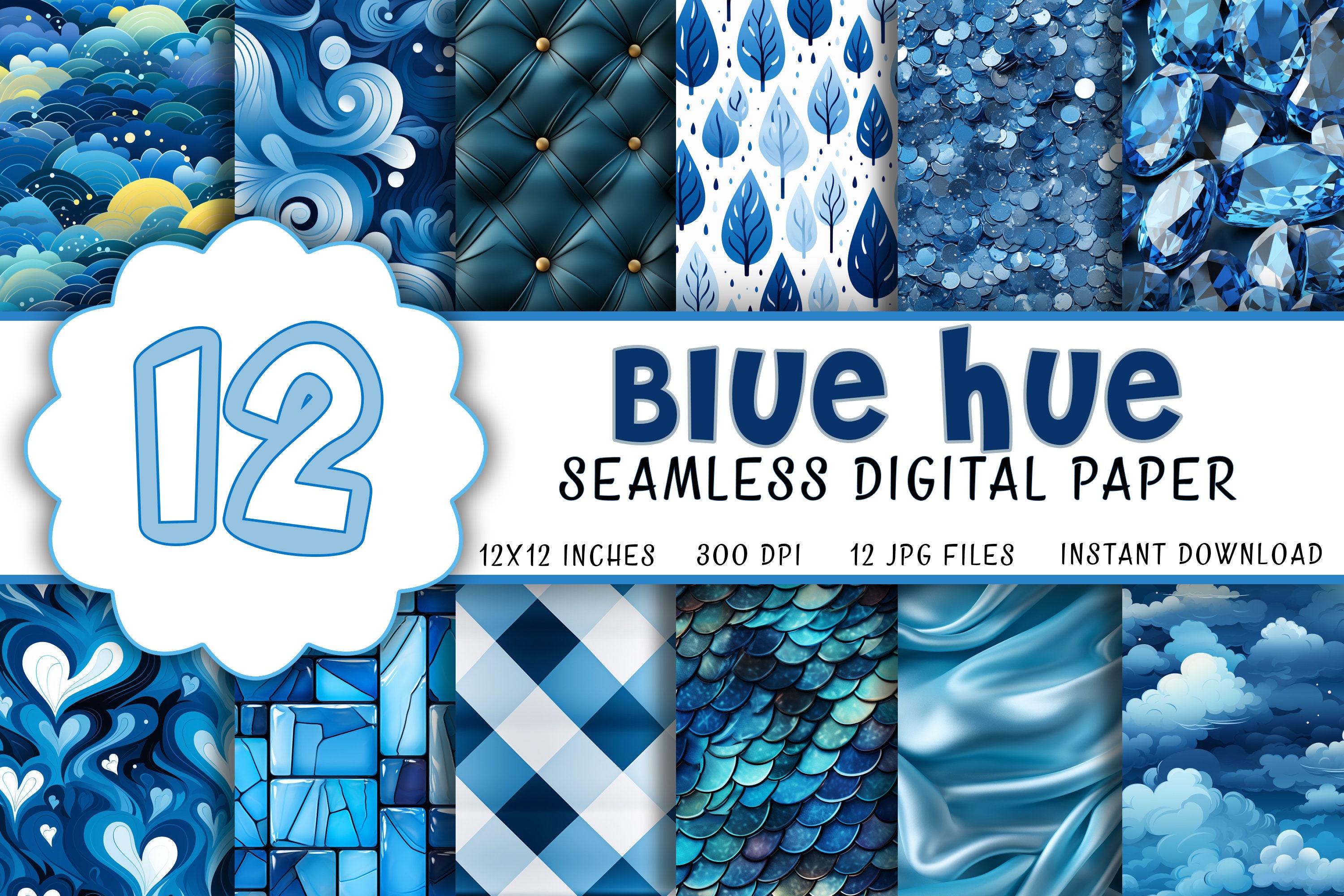 12 Luxury Royal Blue Digital Paper, Seamless Blue Scrapbook Paper ...