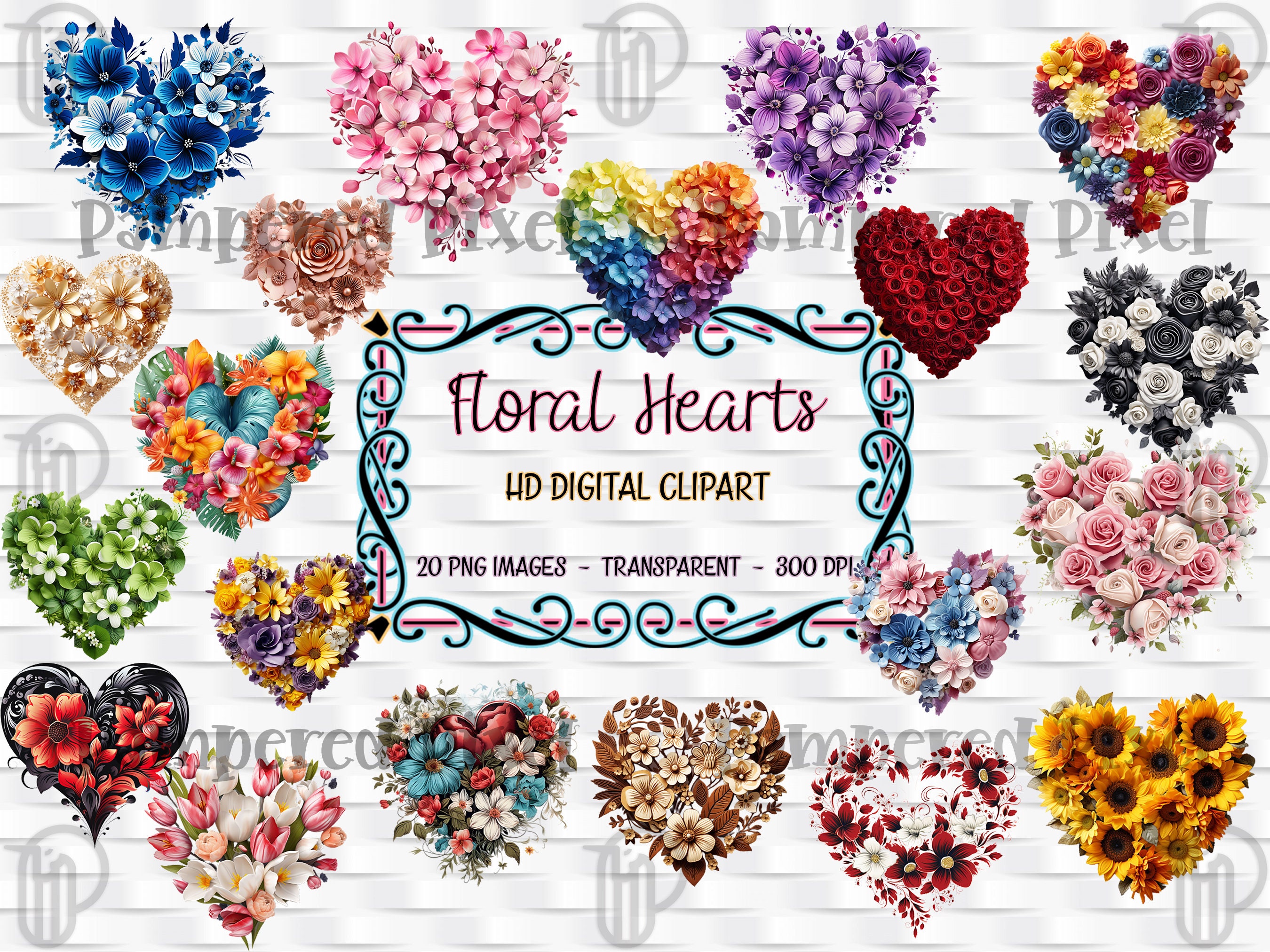 20 Floral Heart Clipart, Heart Clip Art, Flower Heart Clipart, PNG ...