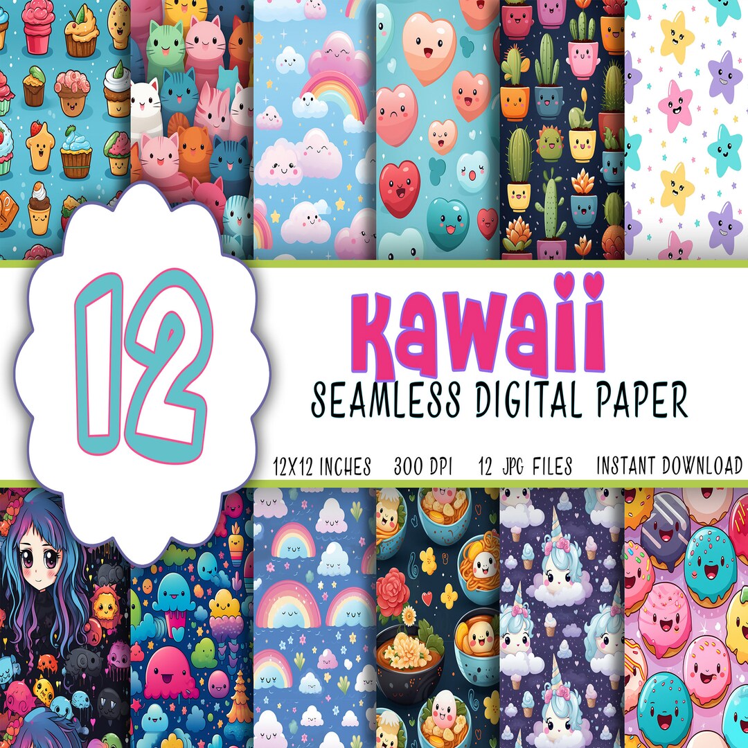 12 Kawaii Digital Paper Pack - Seamless Backgrounds - 12x12in ...