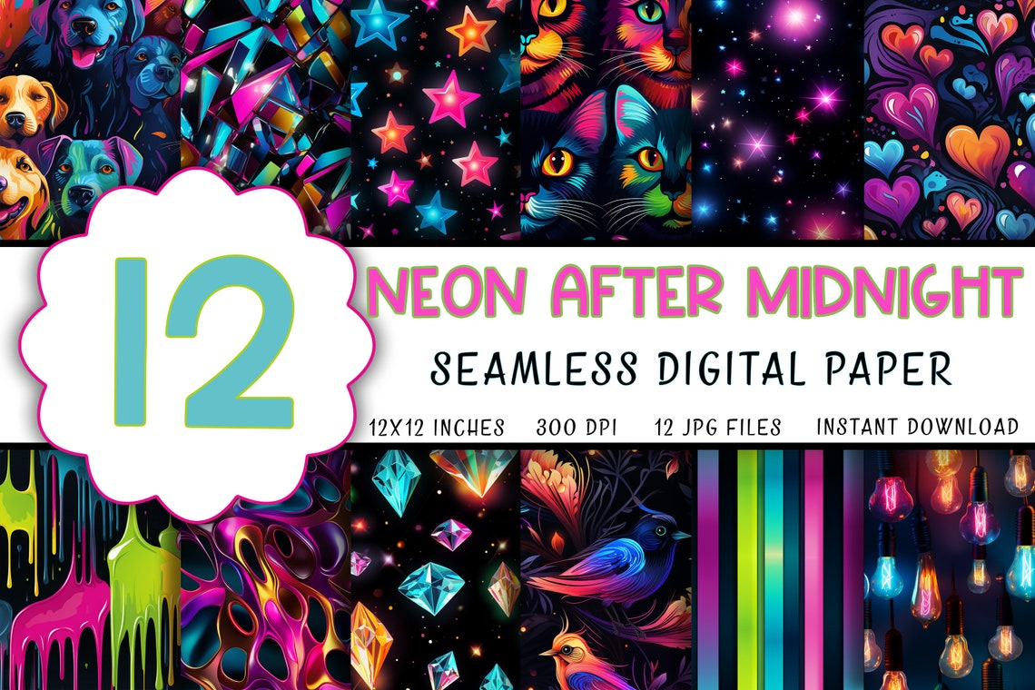 12 Seamless Glowing Neon Digital, Dark Neon Patterns, Printable ...