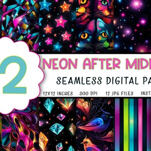 12 Seamless Glowing Neon Digital, Dark Neon Patterns, Printable ...