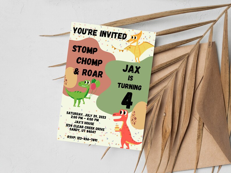 Stomp, Chomp and Roar Birthday Invitation for Dinosaur Birthday Theme ...