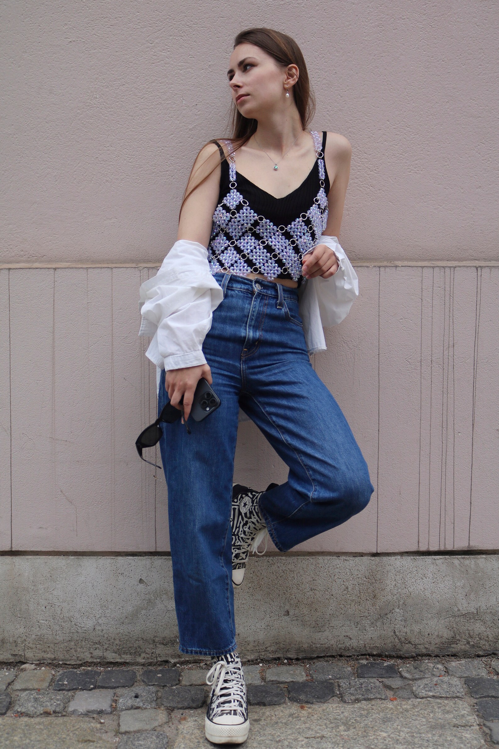 Sparkling Beaded Crop Top With Metal Rings Party Festival Accessories ...