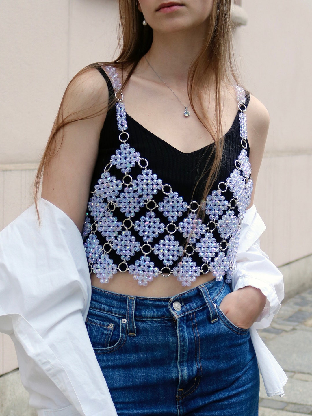Sparkling Beaded Crop Top With Metal Rings Party Festival Accessories ...