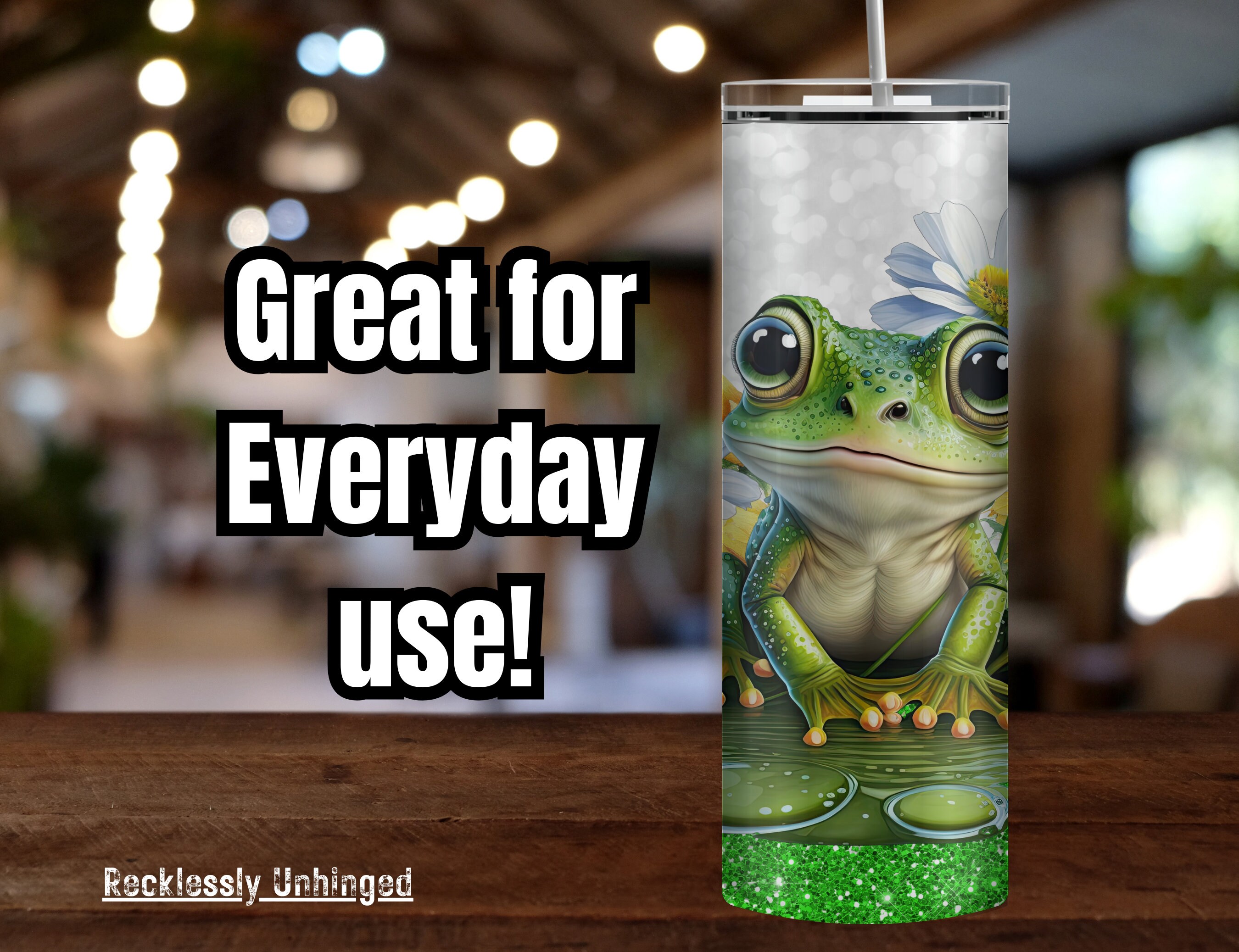 Incredibly Adorable Frog Atop of A Lily; Sparkly Green, Flowers; 20oz ...