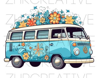 Hippie Van Digital Download Groovy Van Retro Van Floral Hippie Van - Etsy