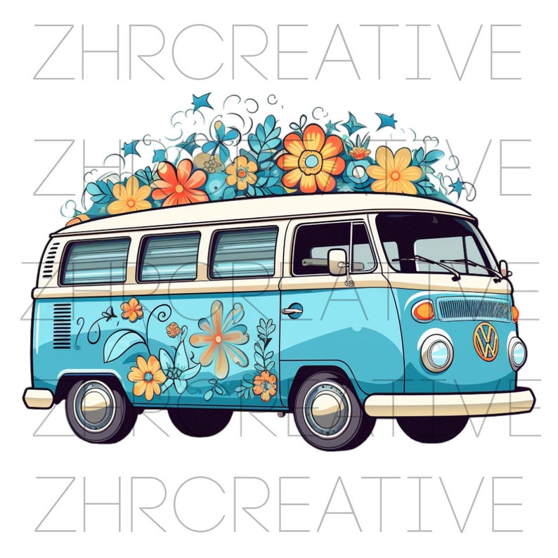 Blue Hippie Van Digital Download Groovy Van Retro Van Floral Hippie Van ...