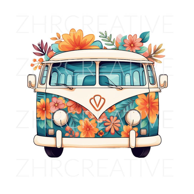 Blue Hippie Van Digital Download Groovy Van Retro Van Floral Hippie Van ...