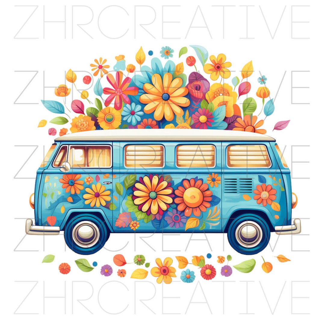 Blue Hippie Van Digital Download Groovy Van Retro Van Floral Hippie Van ...