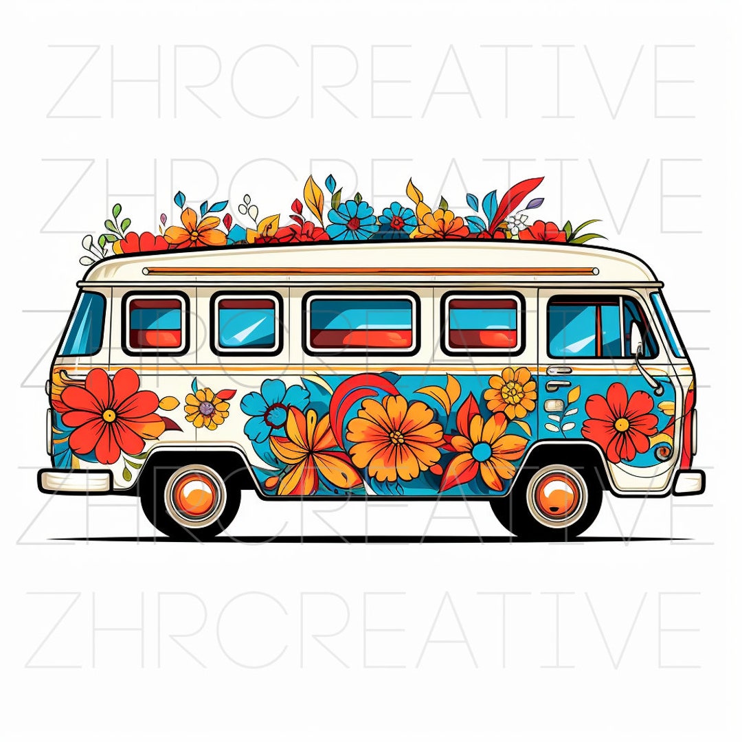 Hippie Van Digital Download Groovy Van Retro Van Floral Hippie Van - Etsy