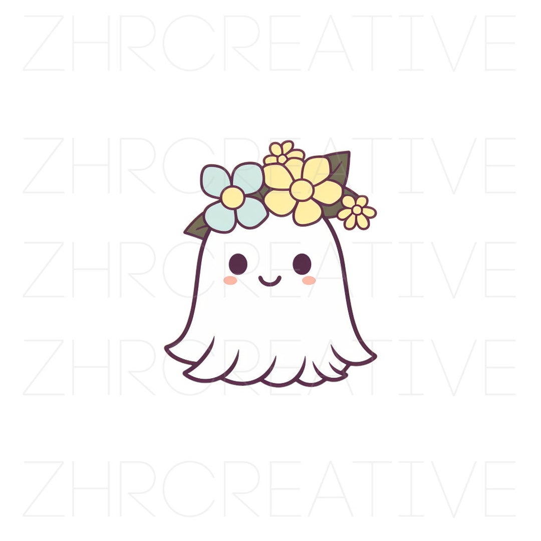 Minimalist Floral Ghost Line Art, Ghost Wearing Flower Crown Retro ...