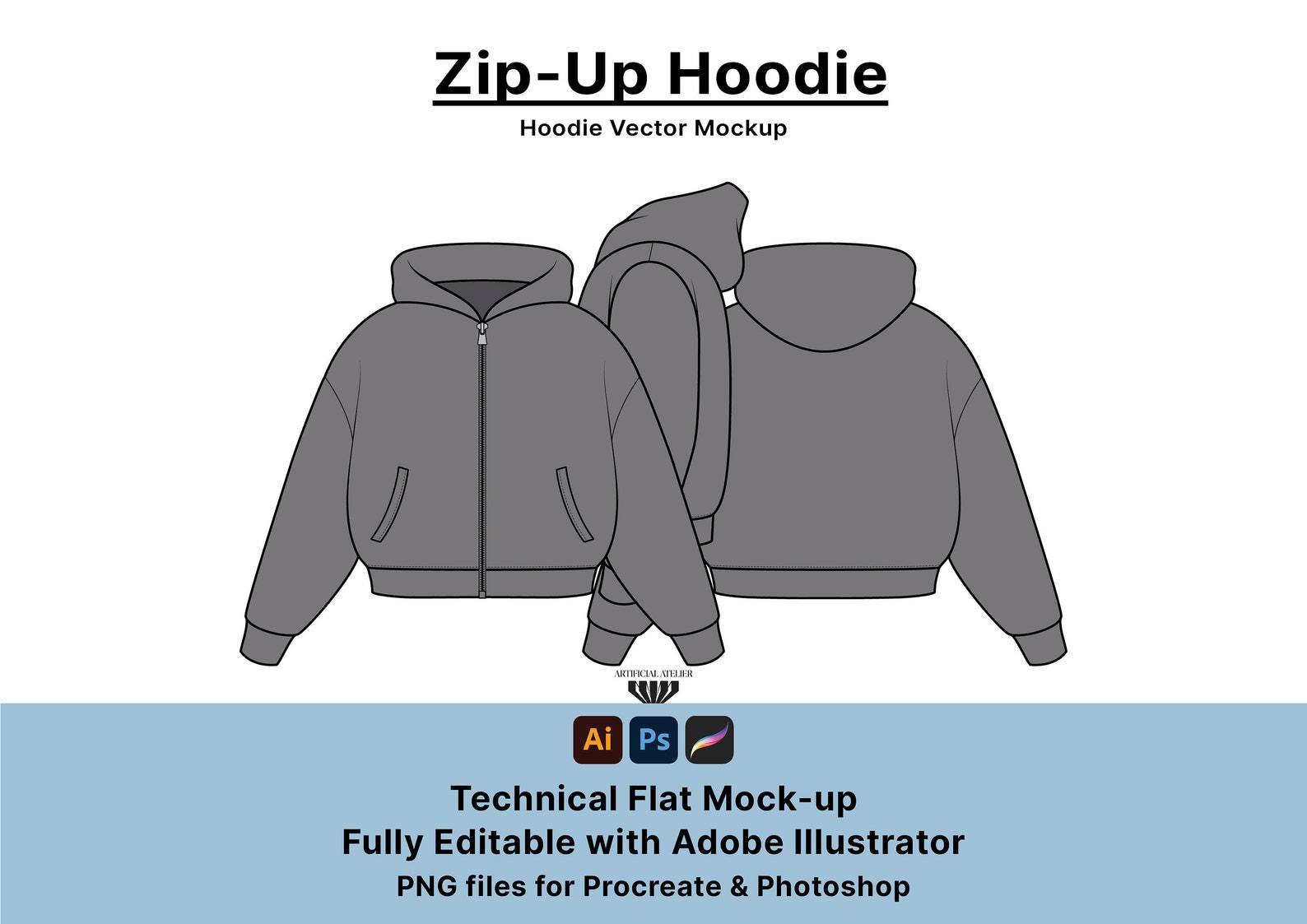 Zip-up Hoodie Vector Mockup, Full-zip Sweater Fashion Flats, Tech Pack ...