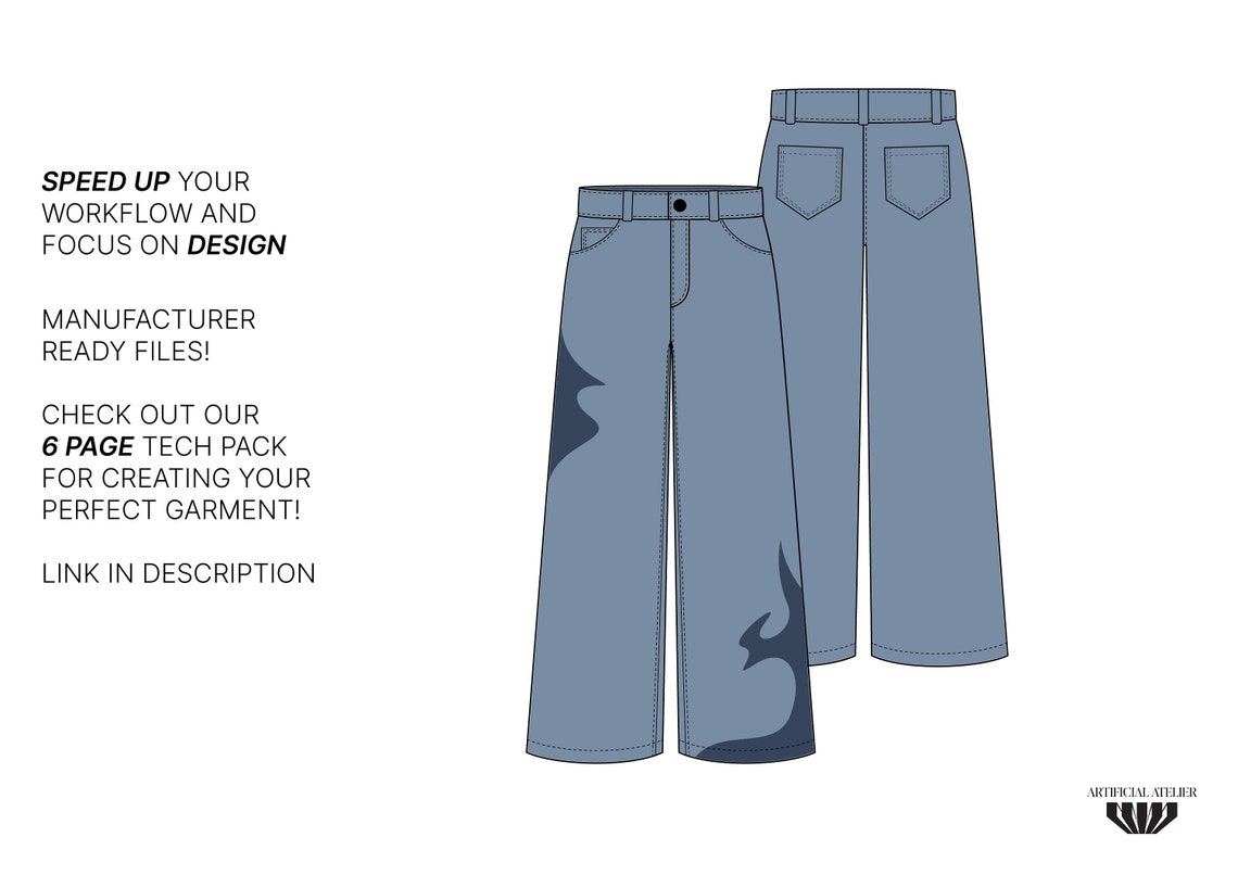 Wide-leg Jeans Vector Mockup, Flared Denim Pants Technical Drawings ...